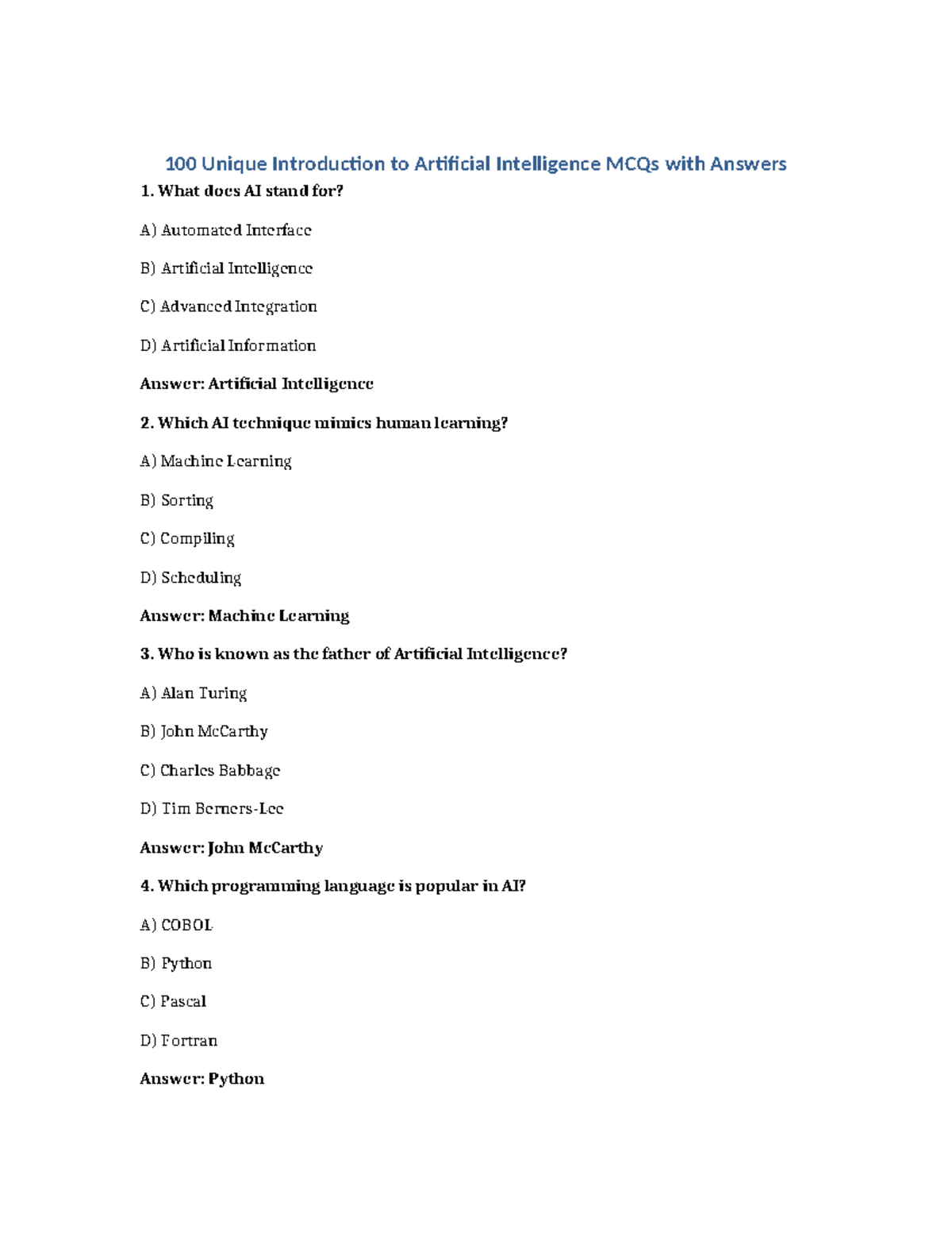 100 Unique Introduction to AI MCQs with Answers (AI101) - Studocu