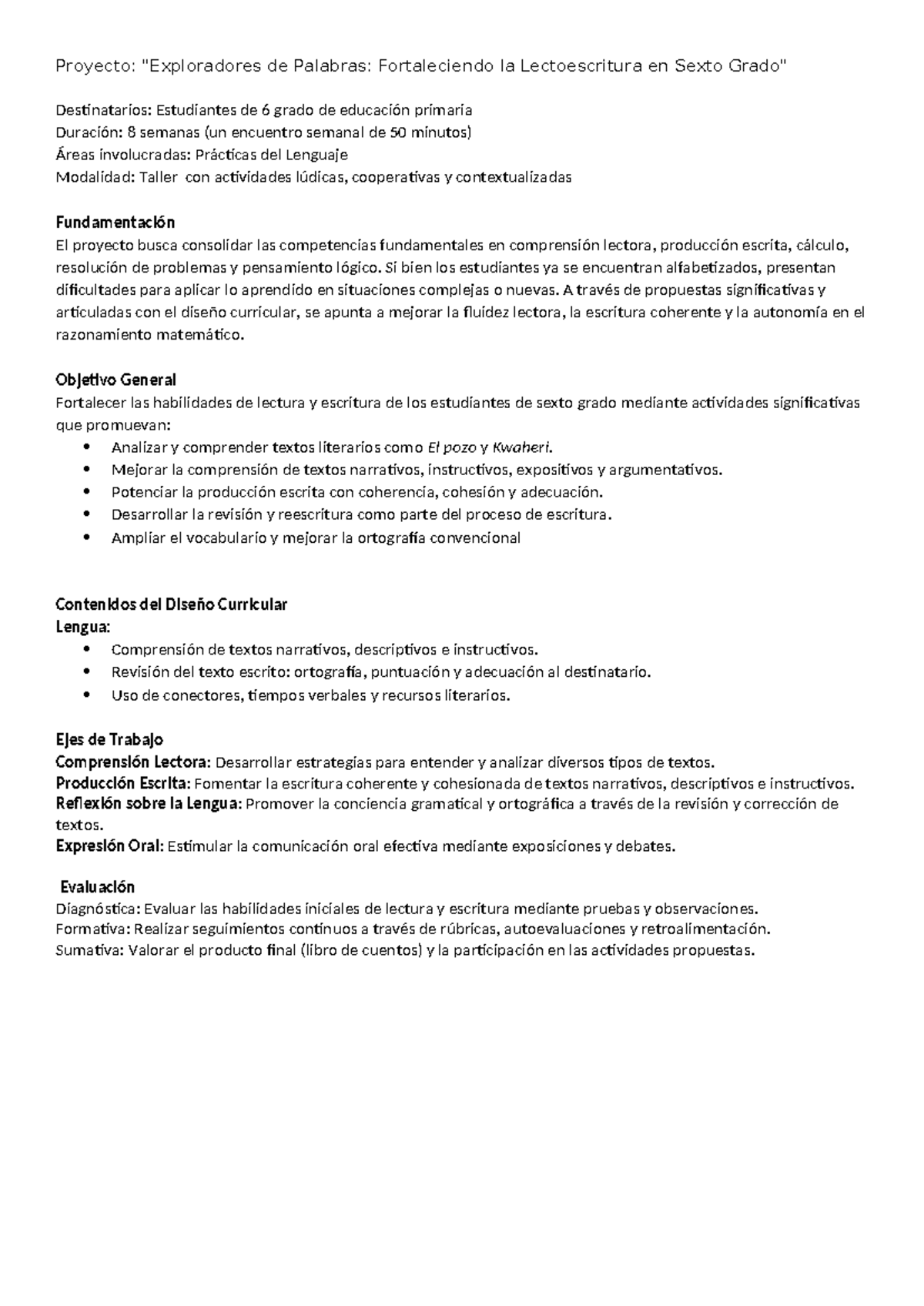 Proyecto de Lectoescritura en Sexto Grado: Fortalecimiento de Habilidades - Studocu