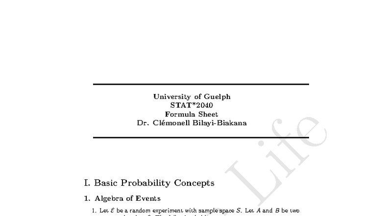 Formula Sheet 11: Basic Probability Concepts and Random Variables - Studocu