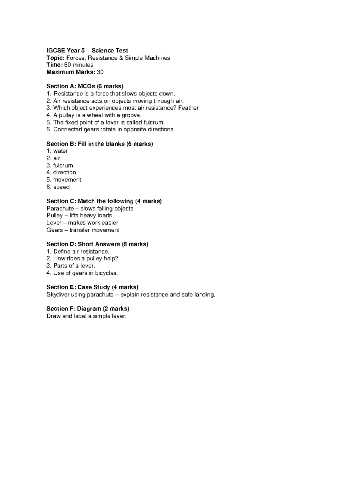 IGCSE Year 5 Science Test: Forces & Simple Machines - Studocu