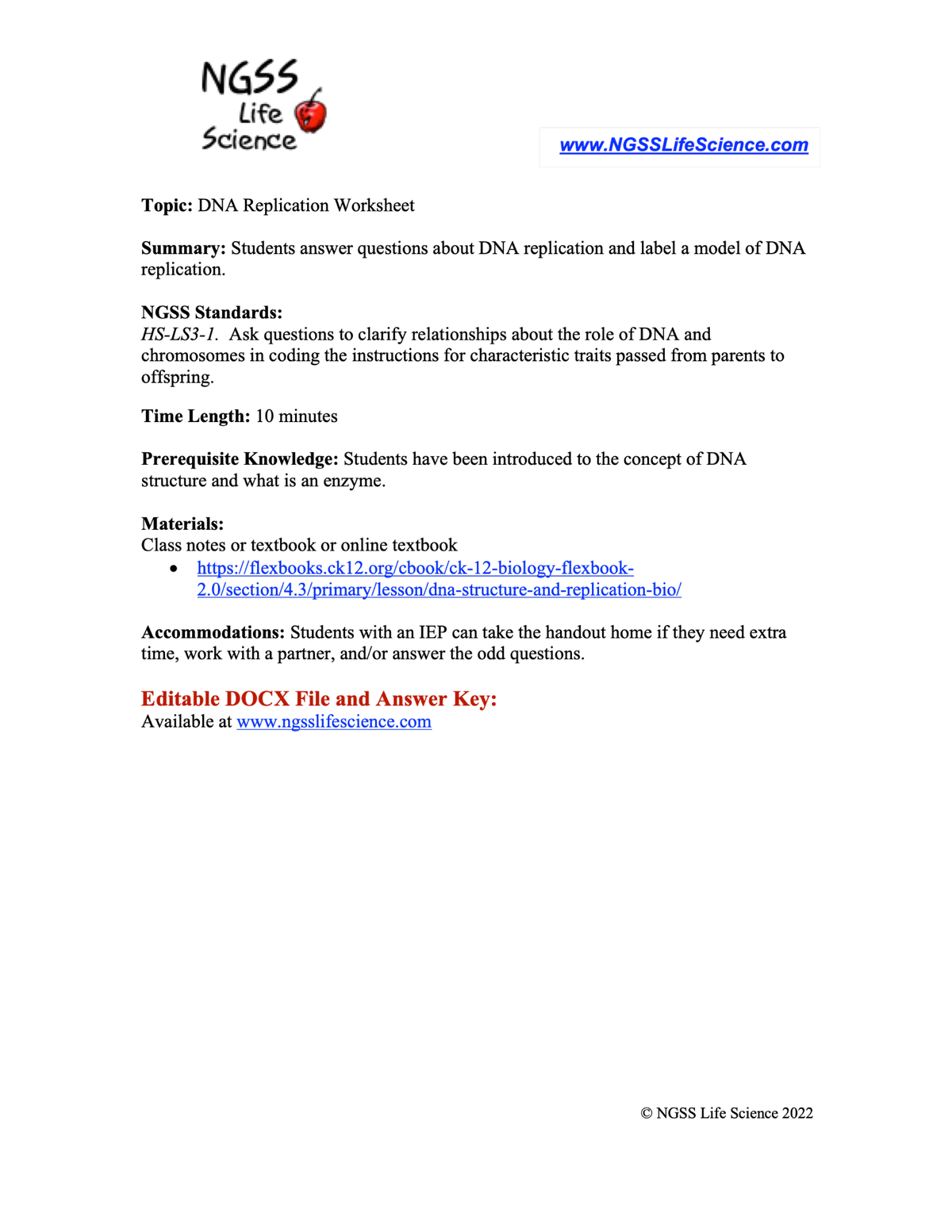 NGSS Life Science: DNA Replication Worksheet & Model Activity - Studocu