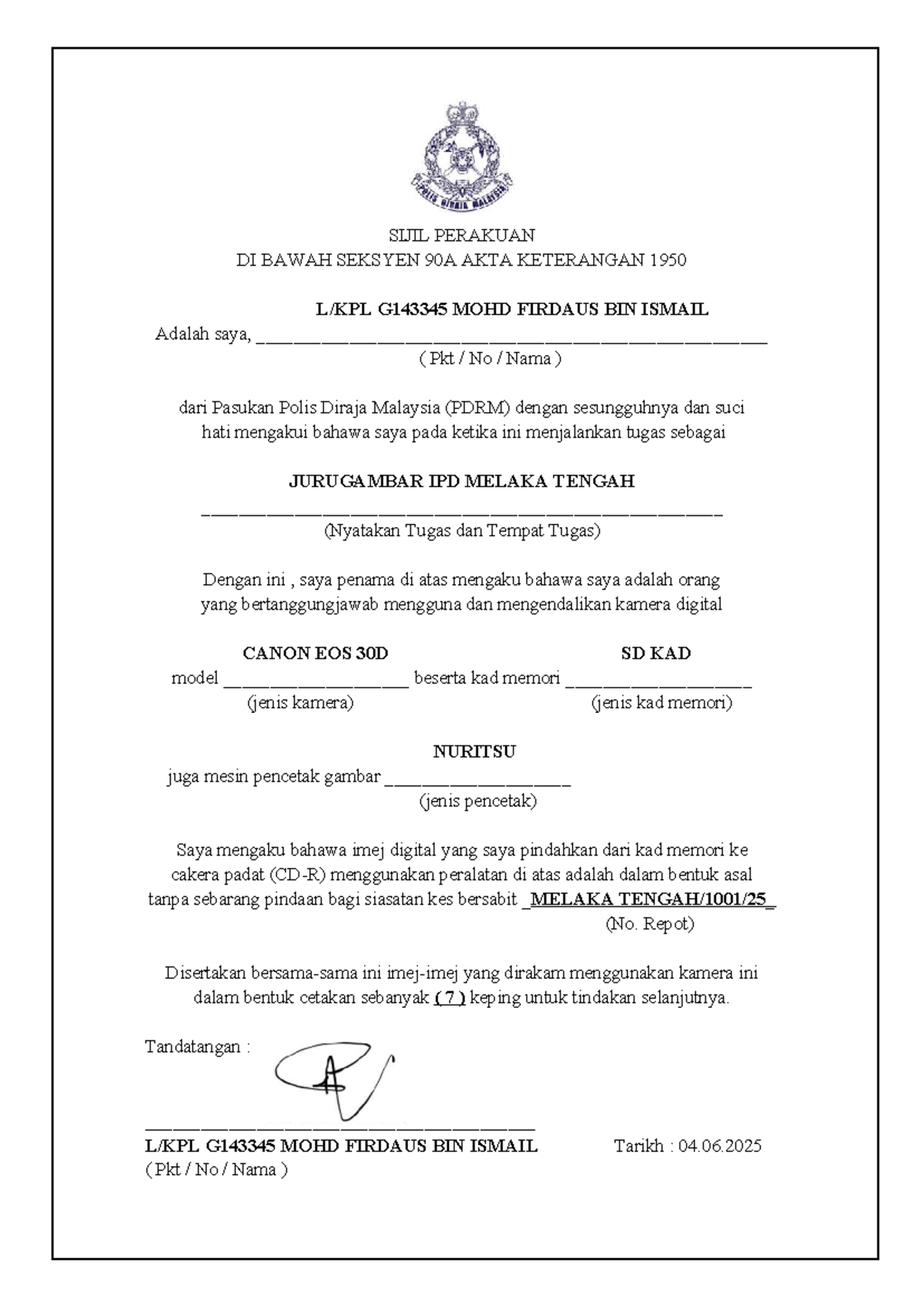Sijil Perakuan 90A Akta Keterangan 1950 - G143345 - Studocu
