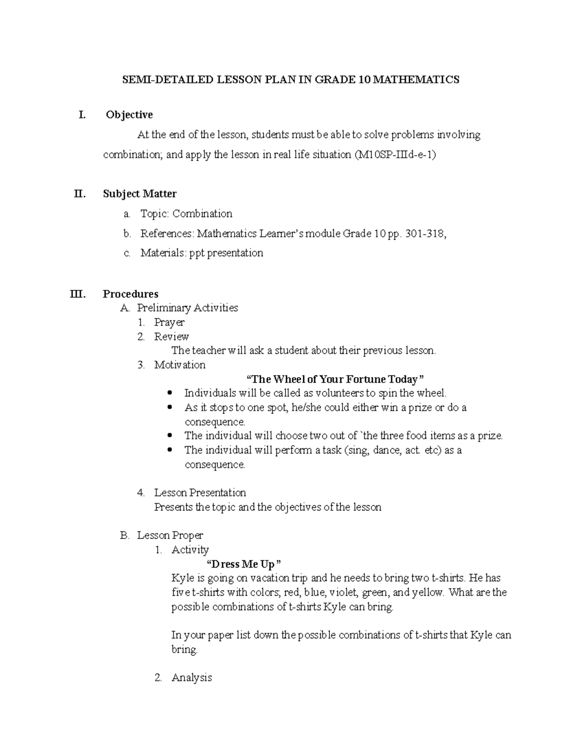 Grade 10 Math Lesson Plan: Exploring Combinations in Real Life - Studocu