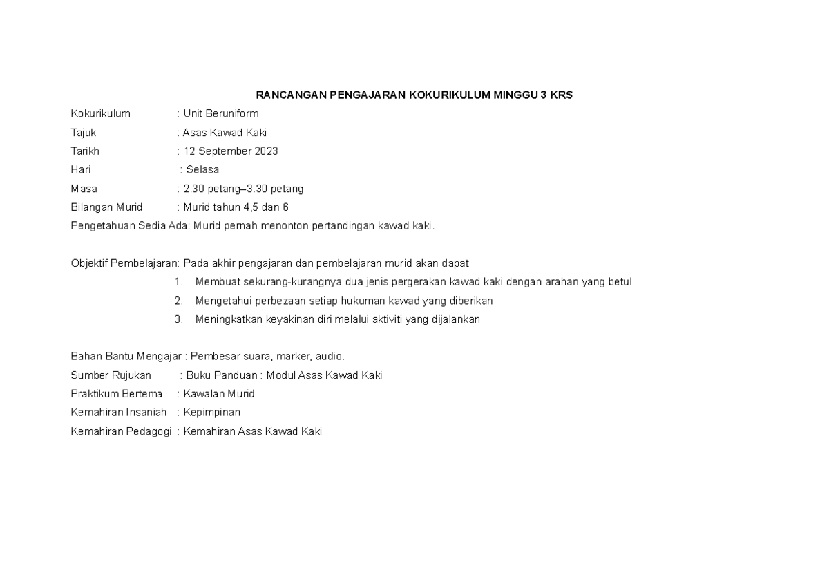 RPH KOKO Minggu 3: Rancangan Pengajaran Unit Beruniform 2023 - Studocu