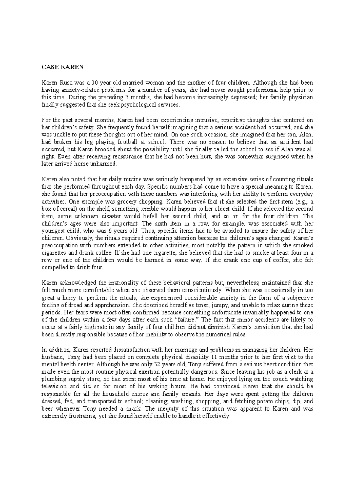 CASE STUDY: Karen's OCD and Family Dynamics Analysis - Studocu