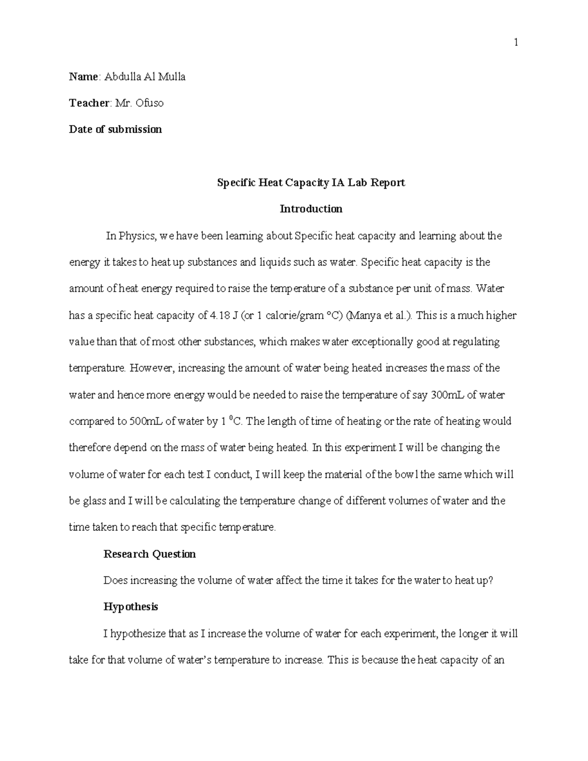 Specific Heat Capacity IA Lab Report (PHYS 101) - Studocu