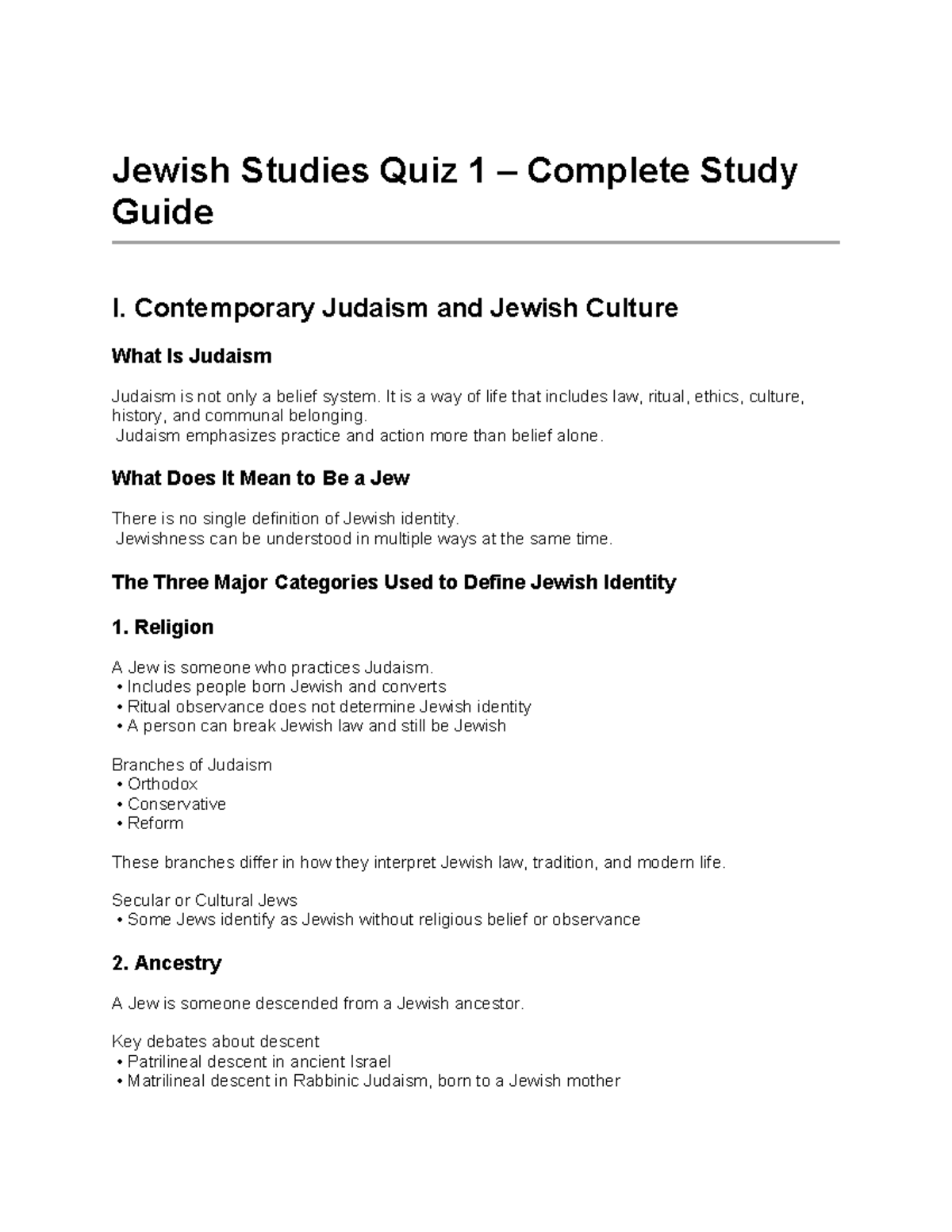 Jewish Studies Quiz 1 - Comprehensive Study Notes on Judaism - Studocu