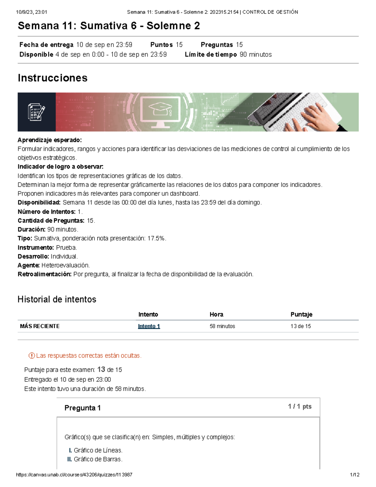 Semana 11 Sumativa 6 - Solemne 2 202315.2154 Control DE Gestión - Semana 11: Sumativa 6 ...