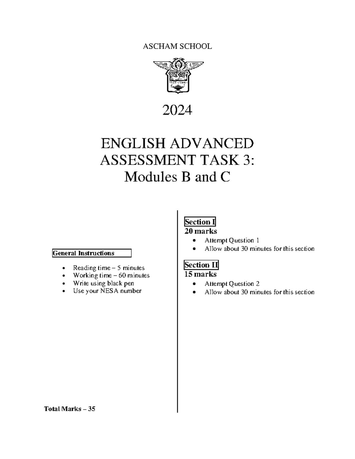 ASCHAM SCHOOL 2024 ENGLISH ADVANCED ASSESSMENT TASK 3: Modules B & C ...