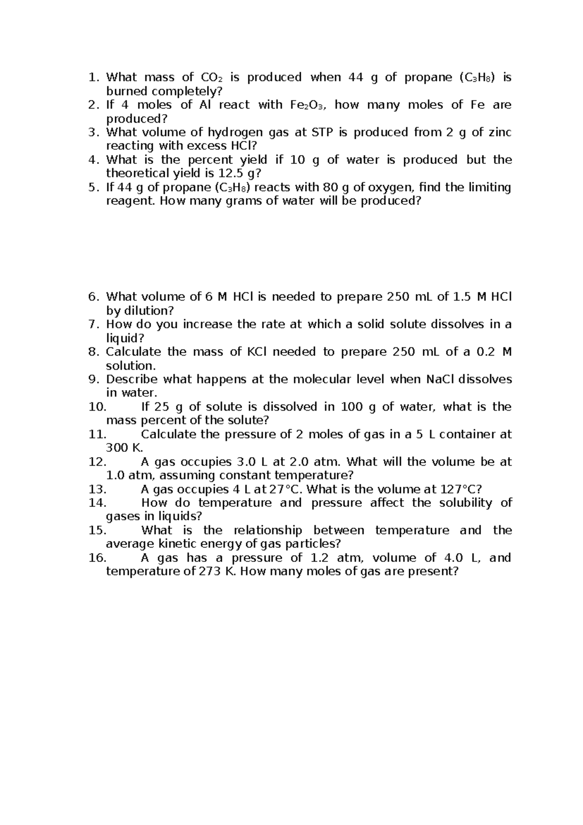 Chem Questions for Weeks 6-8: Stoichiometry & Gas Laws - Studocu