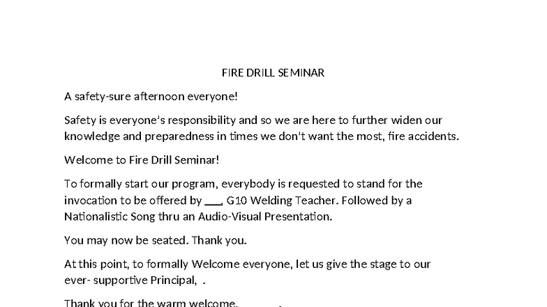 Fire drill script emcee scribd - FIRE DRILL SEMINAR A safety-sure ...