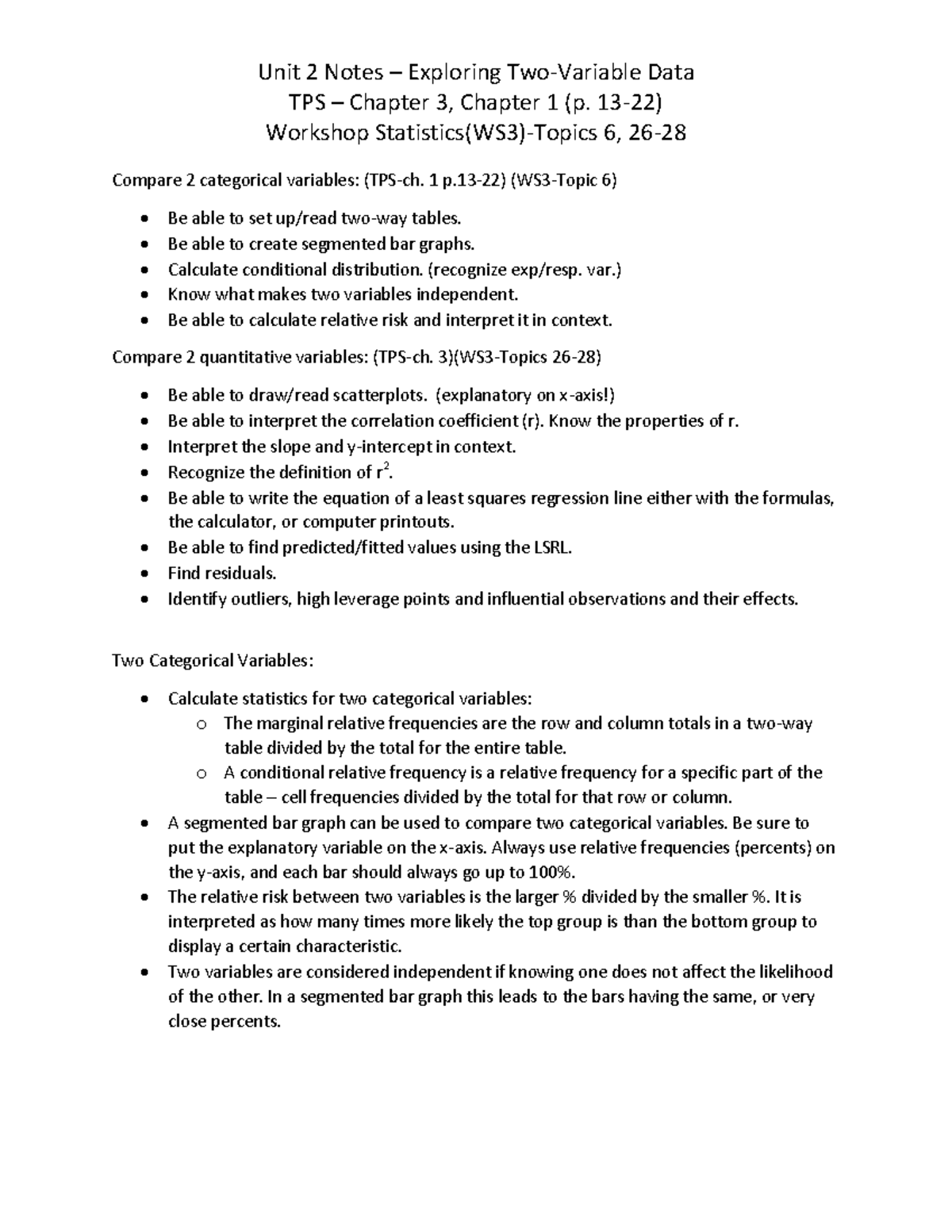 Unit 2 notes - Unit 2 Notes – Exploring Two-Variable Data TPS – Chapter ...