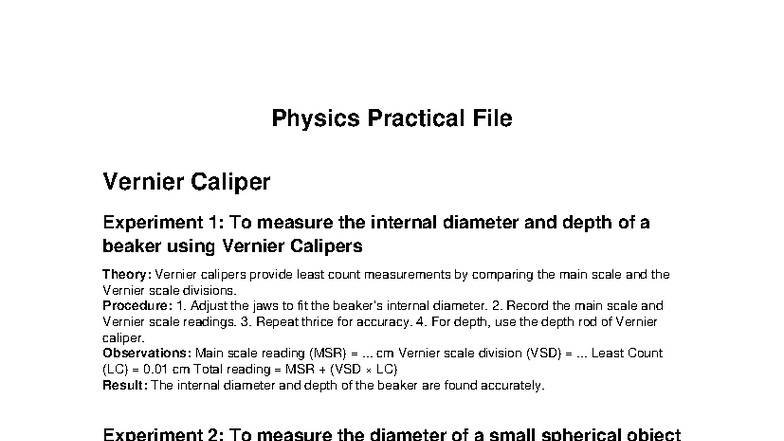 Physics Practical File: Vernier Caliper & Screw Gauge Experiments - Studocu
