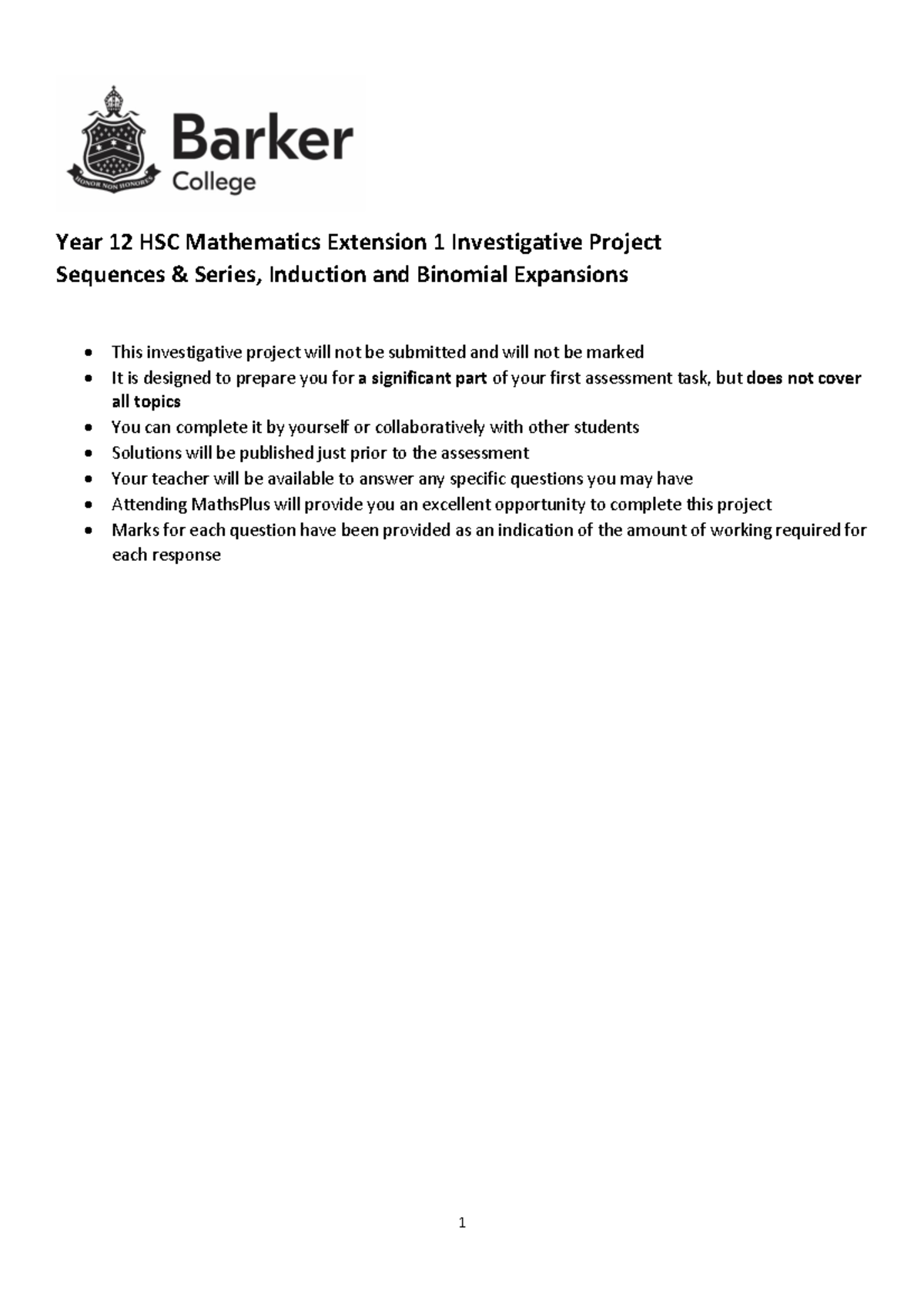 Yr 12 HSC Ext 1 Investigative Project: Sequences, Series & Induction ...
