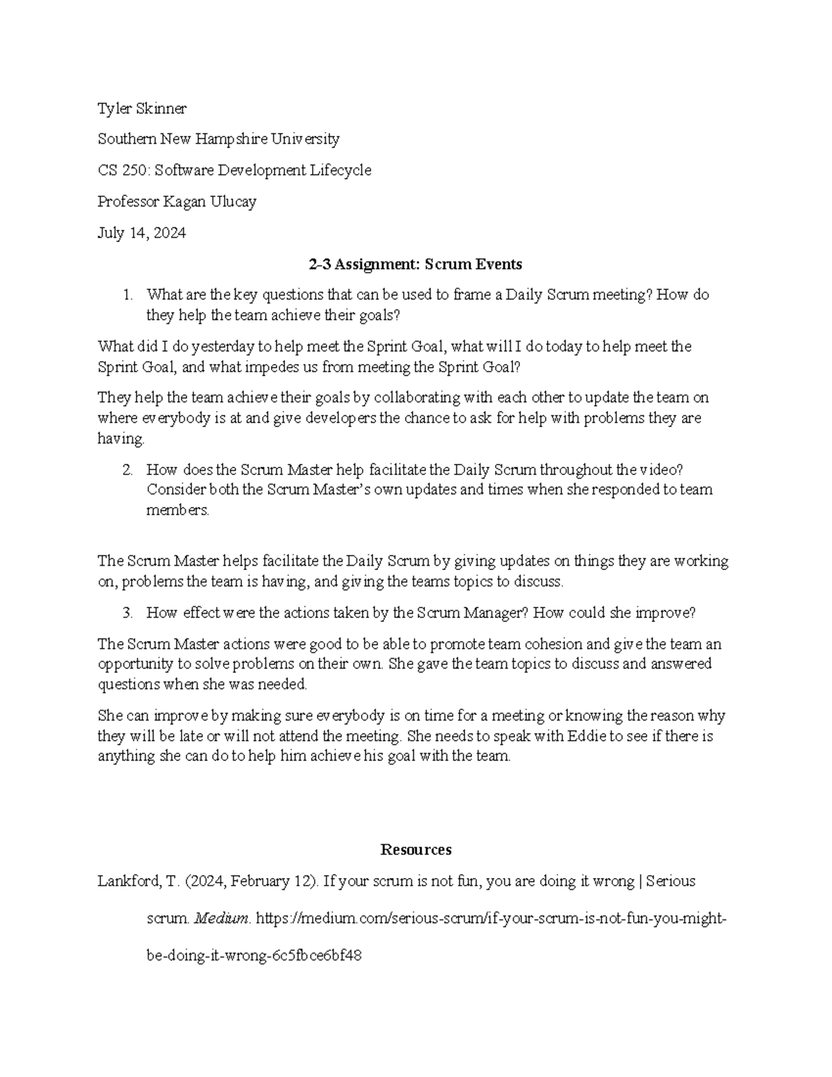 2-3 Assignment Scrum Events - Tyler Skinner Southern New Hampshire University CS 250: Software ...