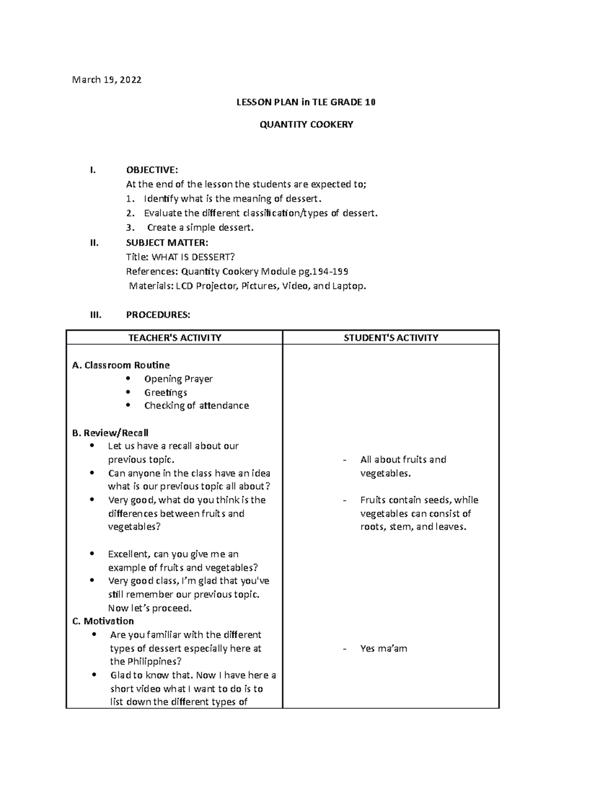 Lesson Plan: Understanding Desserts in TLE G10 - Studocu