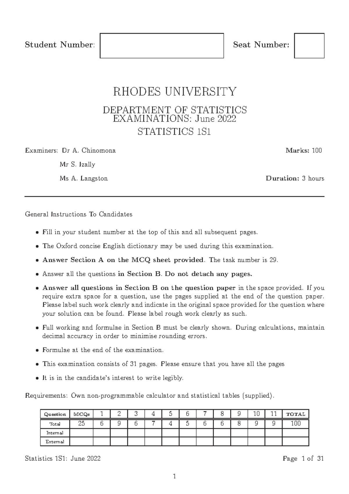 Statistics 1S1: June 2022 Final Exam Paper and Instructions - Studocu