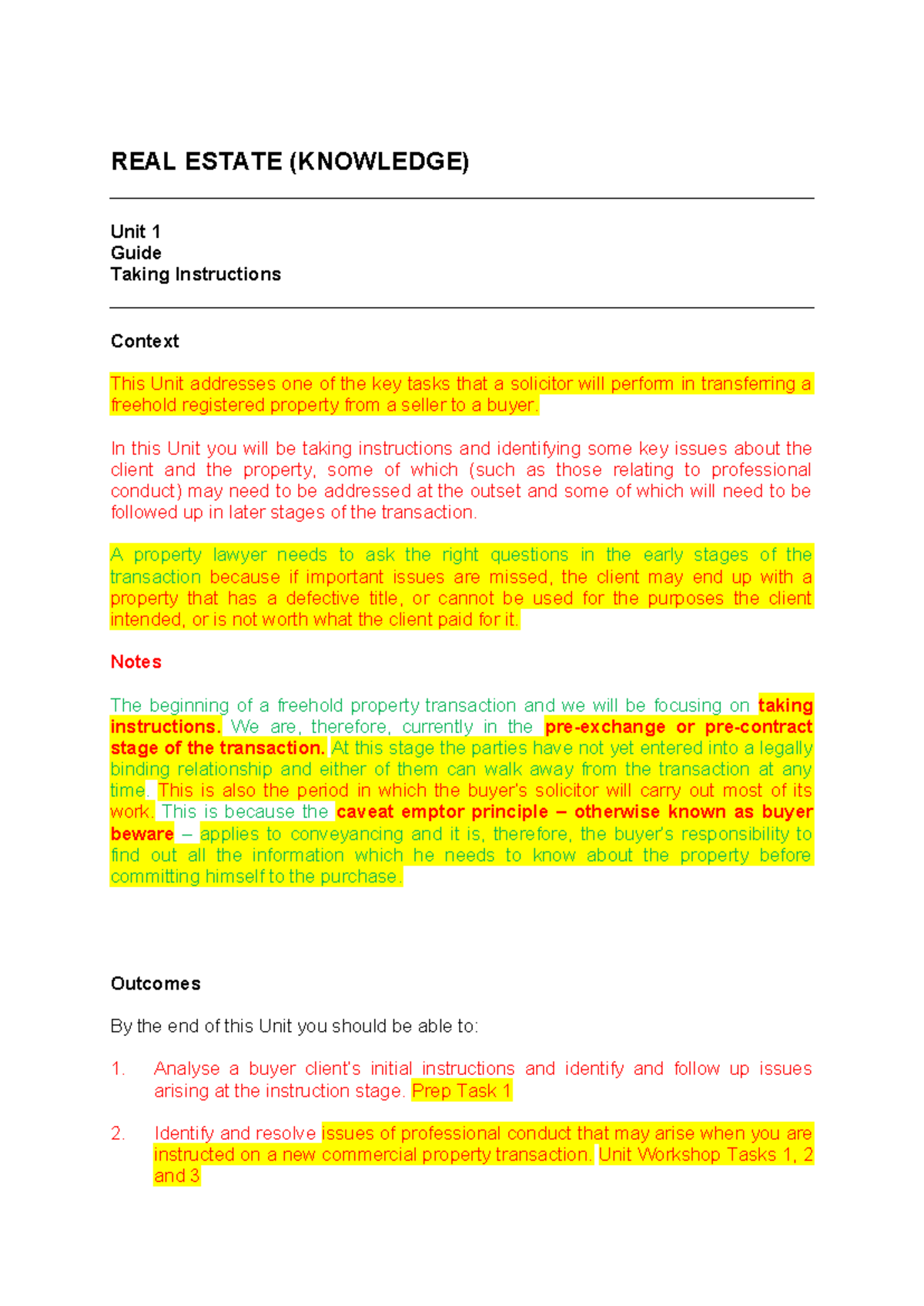 REAL ESTATE (KNOWLEDGE) Unit 1 Guide: Taking Instructions & Key Issues ...