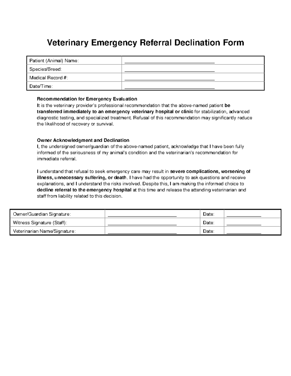 Vet ER Referral Declination Form: Patient Acknowledgment - Studocu