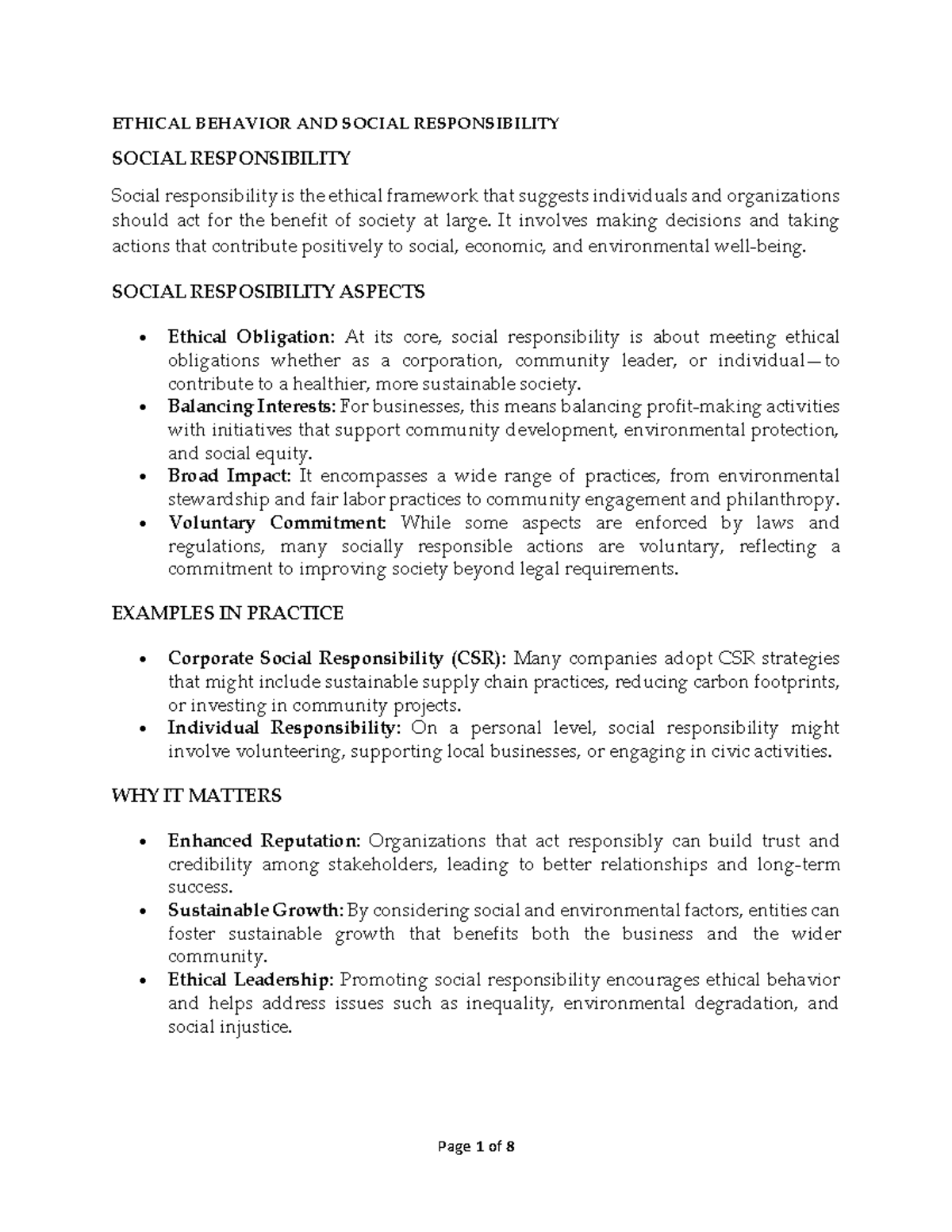 Ethical Behavior and Social Responsibility Overview - Studocu