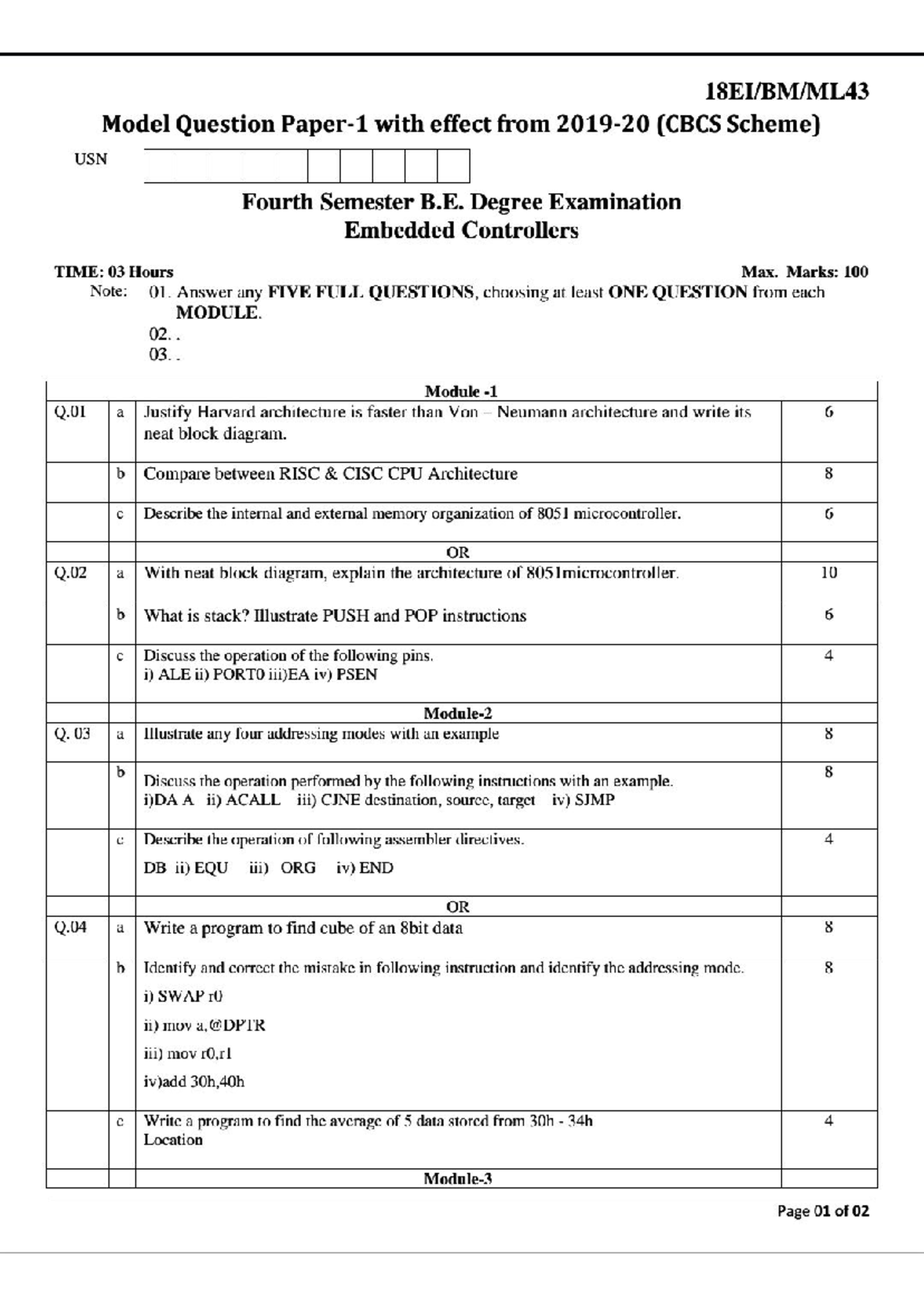 Model Question Paper for CBCS Scheme: USN Fourth Semester B.E. in ...