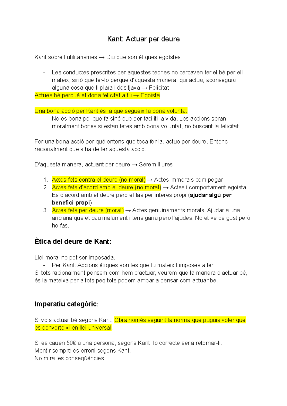 Kant: Apunts Inicials i Exercicis sobre l'Ètica del Deure - Studocu