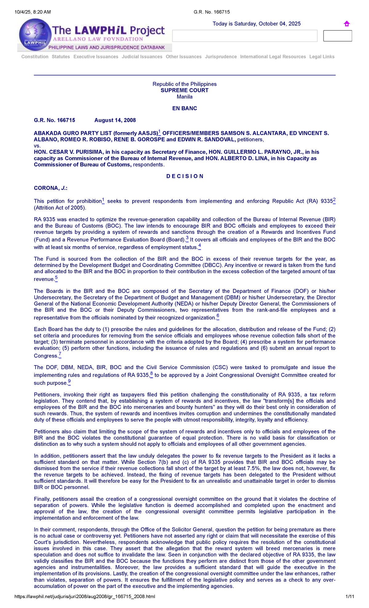 G.R. No. 166715 - Case Review on RA 9335 and Constitutional Issues ...