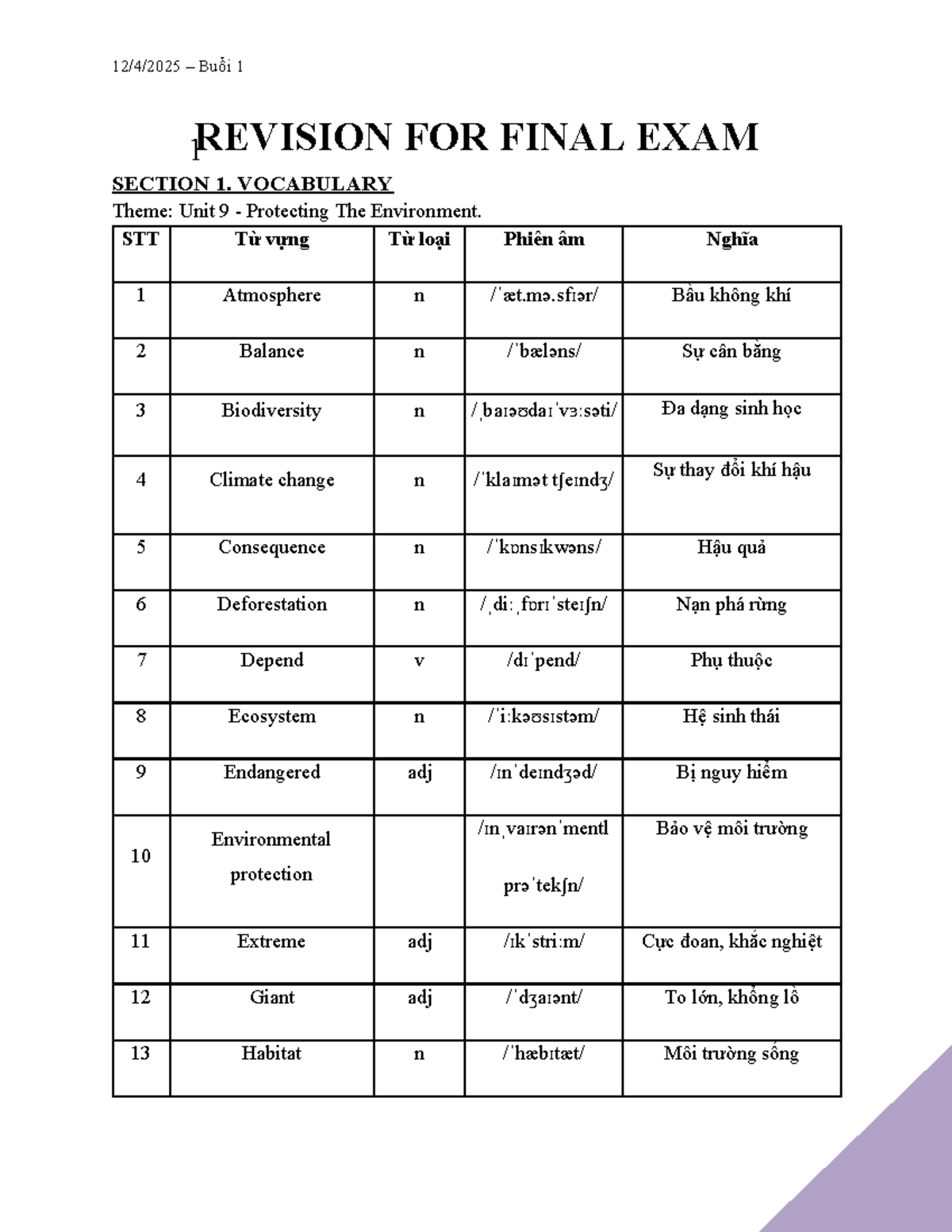 Revision for final exam: Vocabulary and grammar notes (course code ...