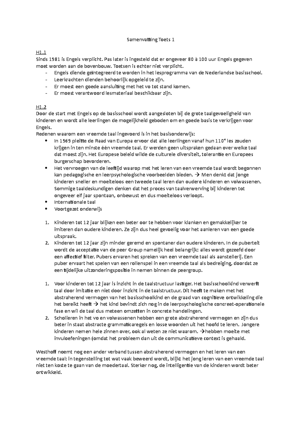 Samenvatting Engels Toets 1 en 2 BT3: Taalverwerving en Didactische ...
