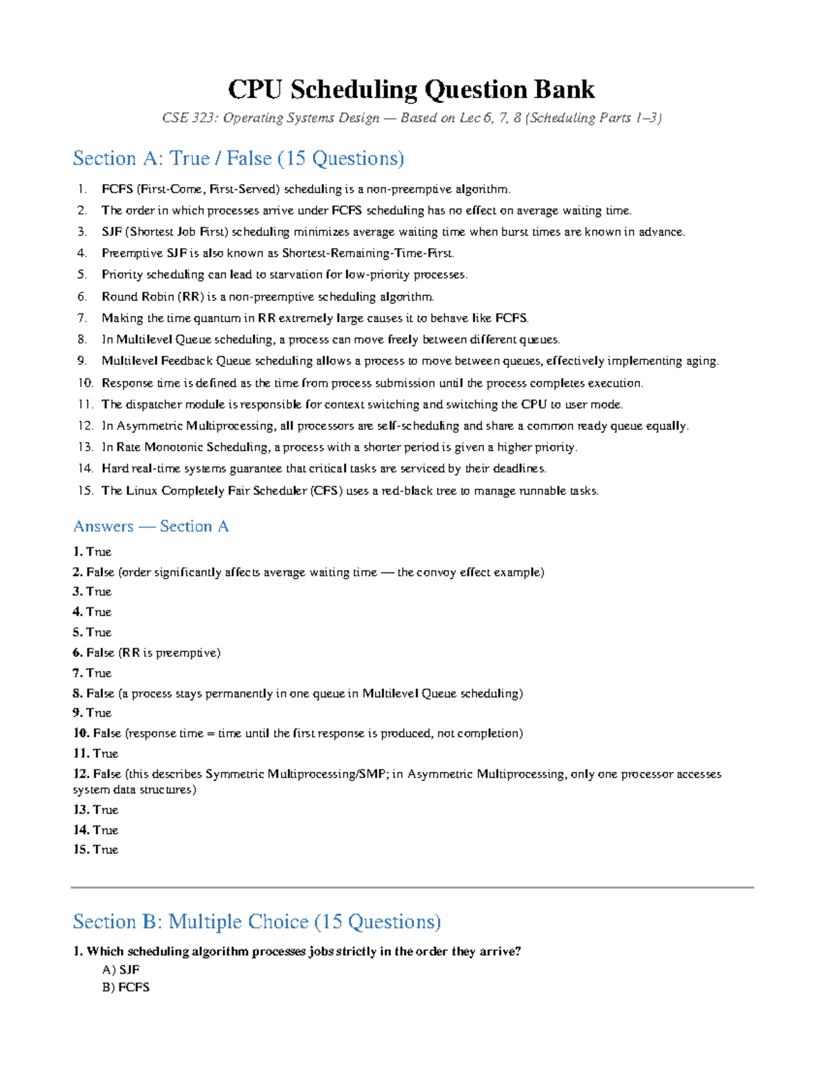 Midterm Practice Questions for CSE 323: CPU Scheduling Concepts - Studocu