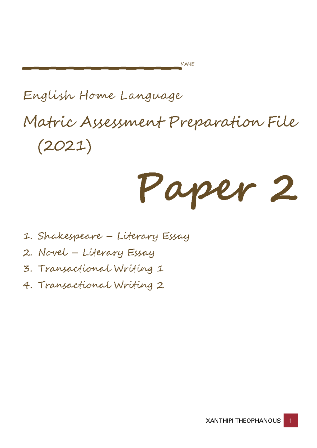 Matric Prep 2021: Literary Essays for English HL - Paper 2 Guide - Studocu