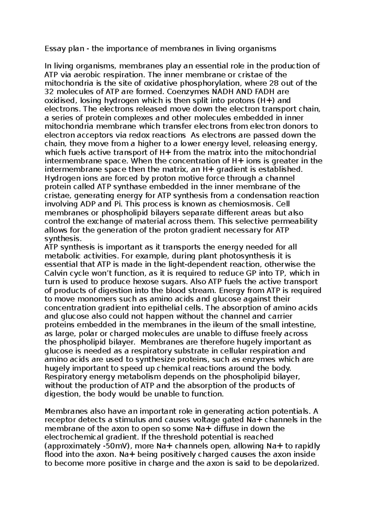 Bio Essay: The Role of Membranes in Living Organisms - Studocu