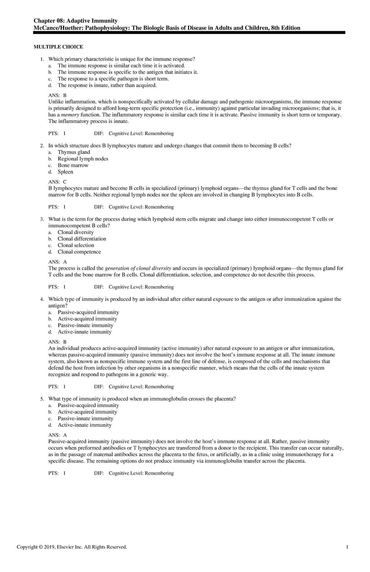 Exam View - Chapter 08 - Adaptive Immunity Practice Questions - Studocu