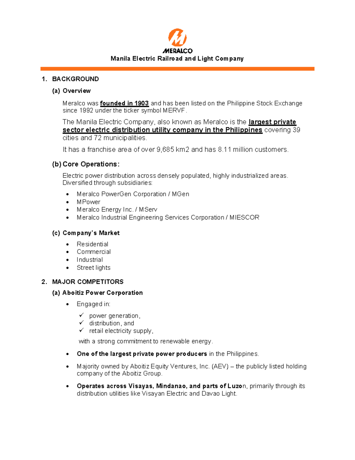 Meralco Case Study: Overview, Competitors, and Financial Analysis - Studocu