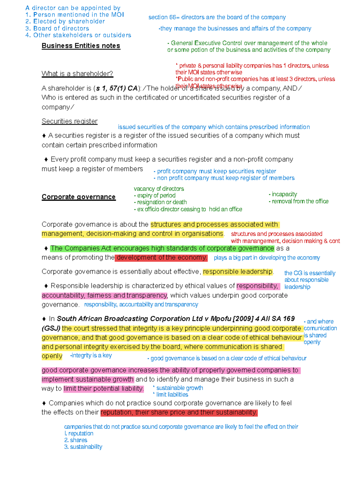 Corporate Governance Notes (BUS 101): Directors and Responsibilities ...
