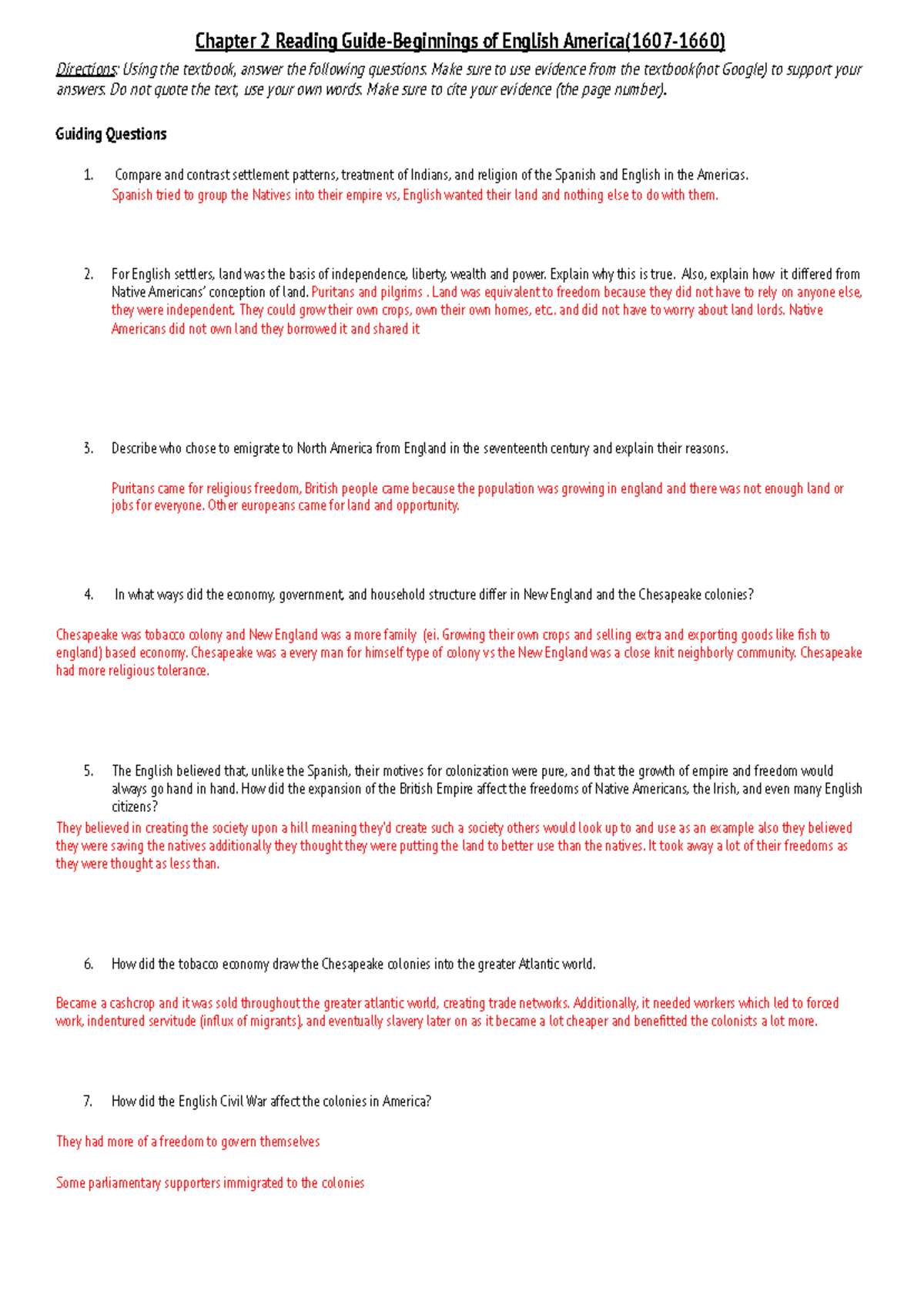 Ch. 2 Foner Give Me Liberty Reading Guide: English Colonization ...