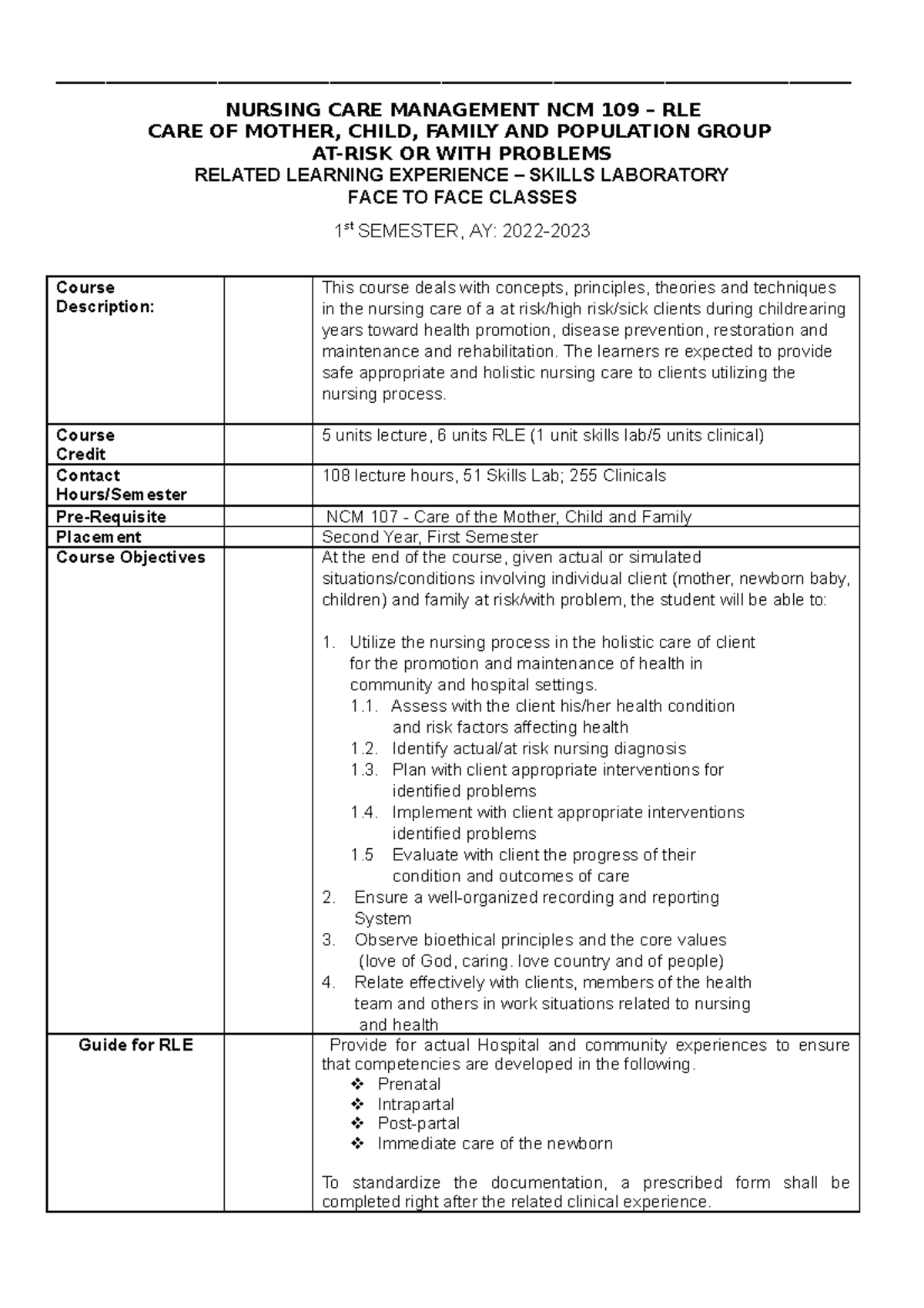 NCM-109 RLE: Care of High-Risk Mother & Child Procedures Guide - Studocu