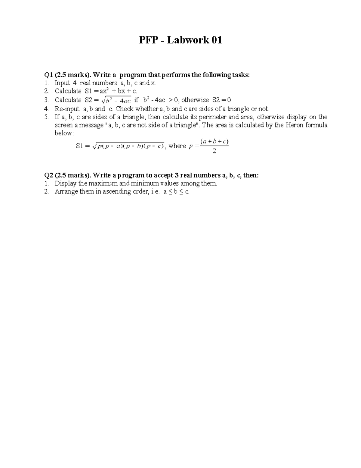 PFP Labwork 01: Q1 & Q2 Programming Tasks and Solutions - Studocu