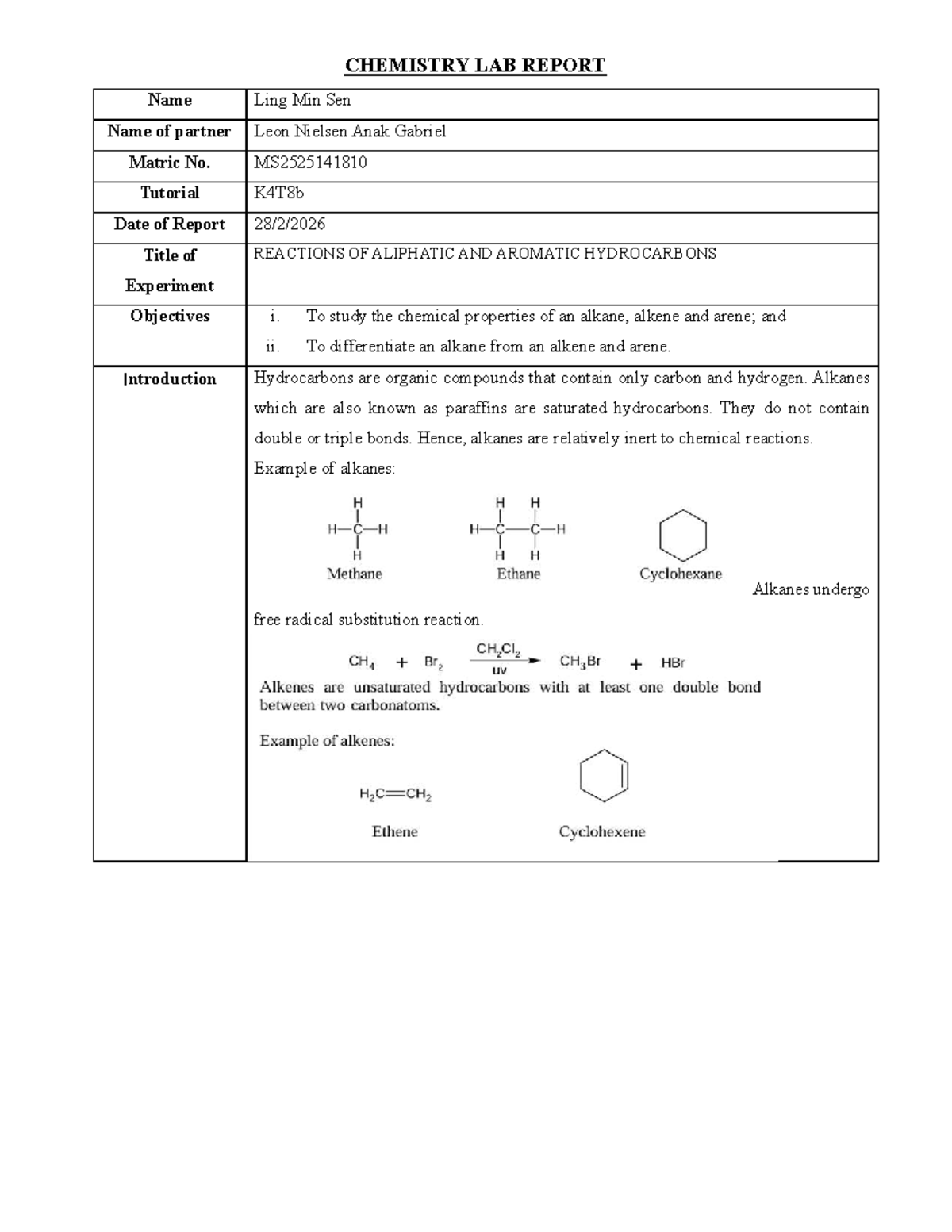 CHEMISTRY LAB REPORT: REACTIONS OF ALIPHATIC & AROMATIC HYDROCARBONS ...