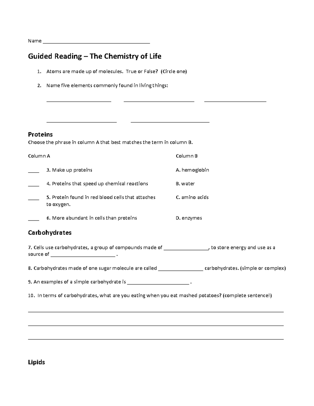 BIOLOGYOF LIFE Guided Reading Worksheet on The Chemistry of Life - Studocu