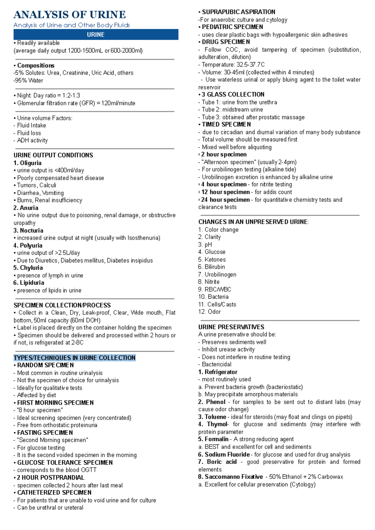 ANALYSIS OF URINE: Key Concepts and Collection Techniques - Studocu