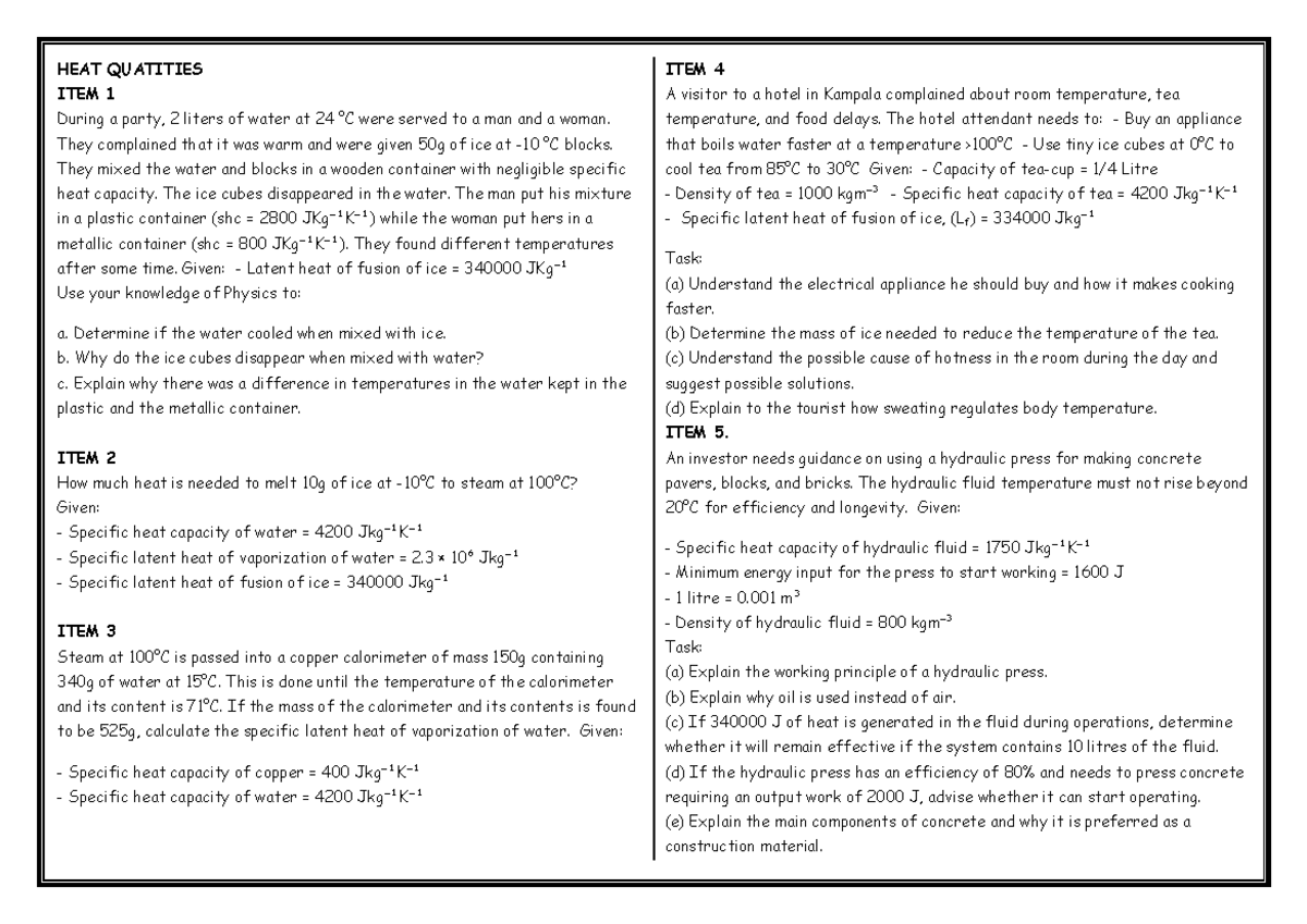 HEAT QUANTITIES ITEMS - PHYSICS ESSAY NOTES (JUST) - Studocu