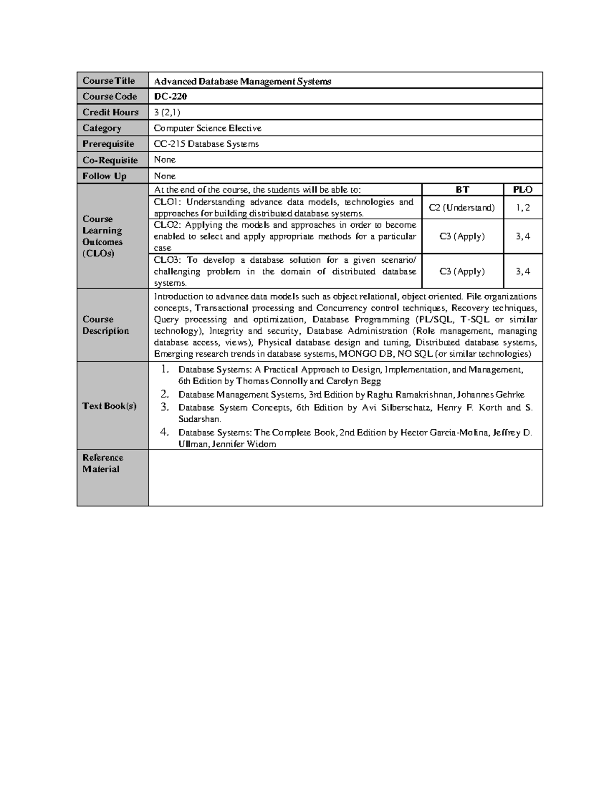 Advanced Database Management Systems (DC-220) Course Overview - Studocu