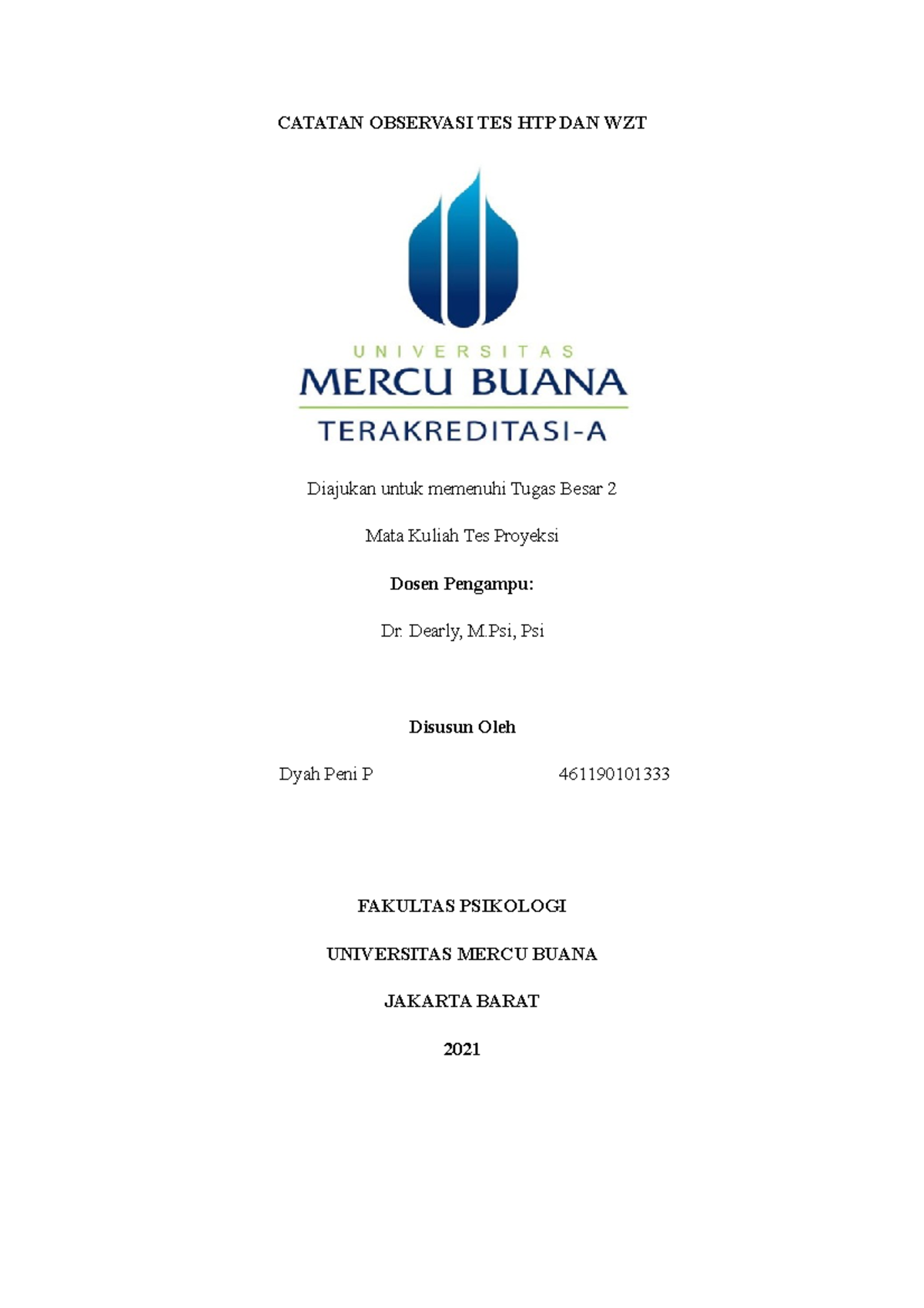 Catatan Observasi Tugas Besar 2: Tes HTP dan WZT - Psikologi - Studocu