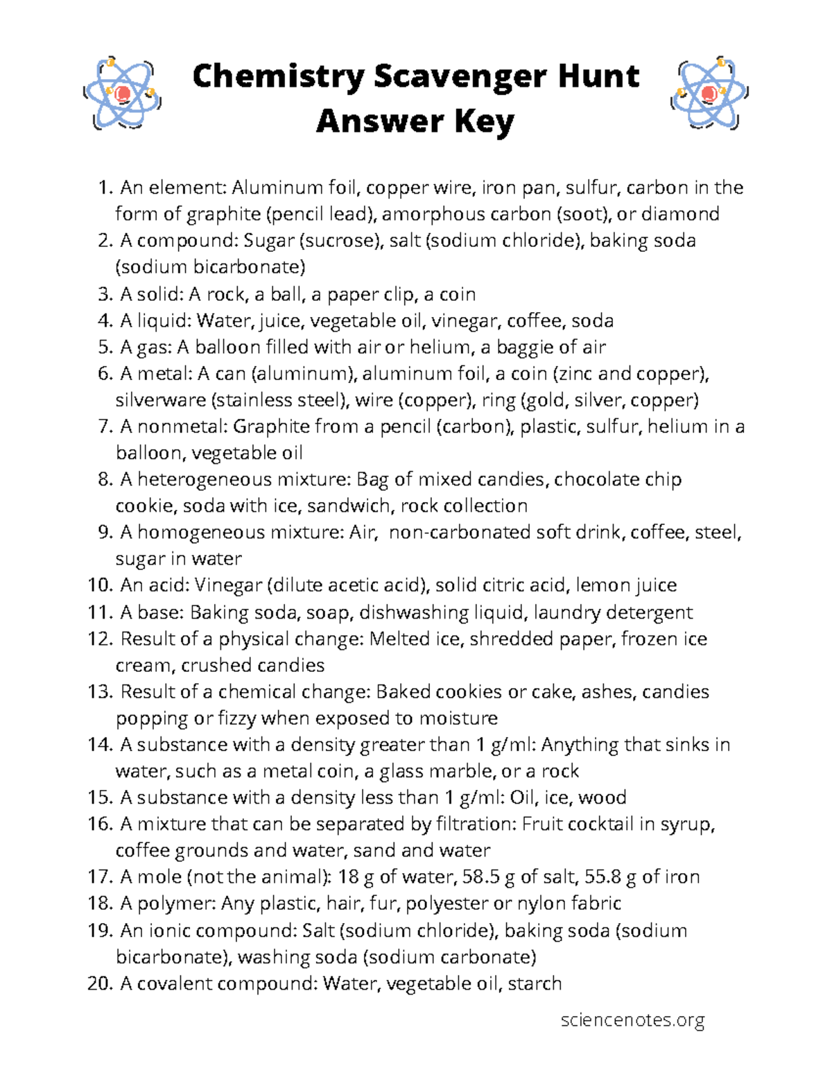 Chemistry Scavenger Hunt Answer Key - An element: Aluminum foil, copper ...