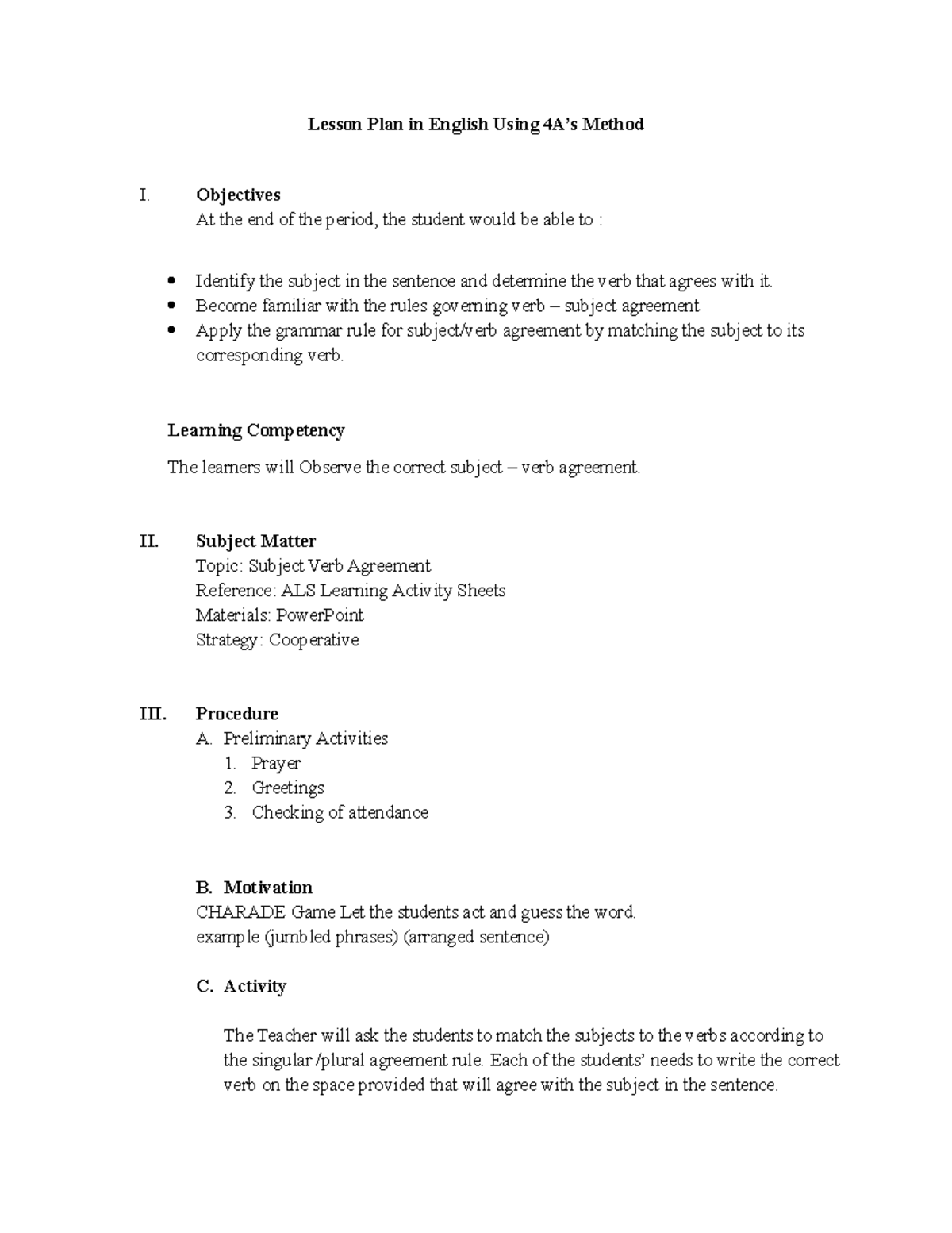 Lesson Plan in English Using 4A'S - Objectives At the end of the period ...