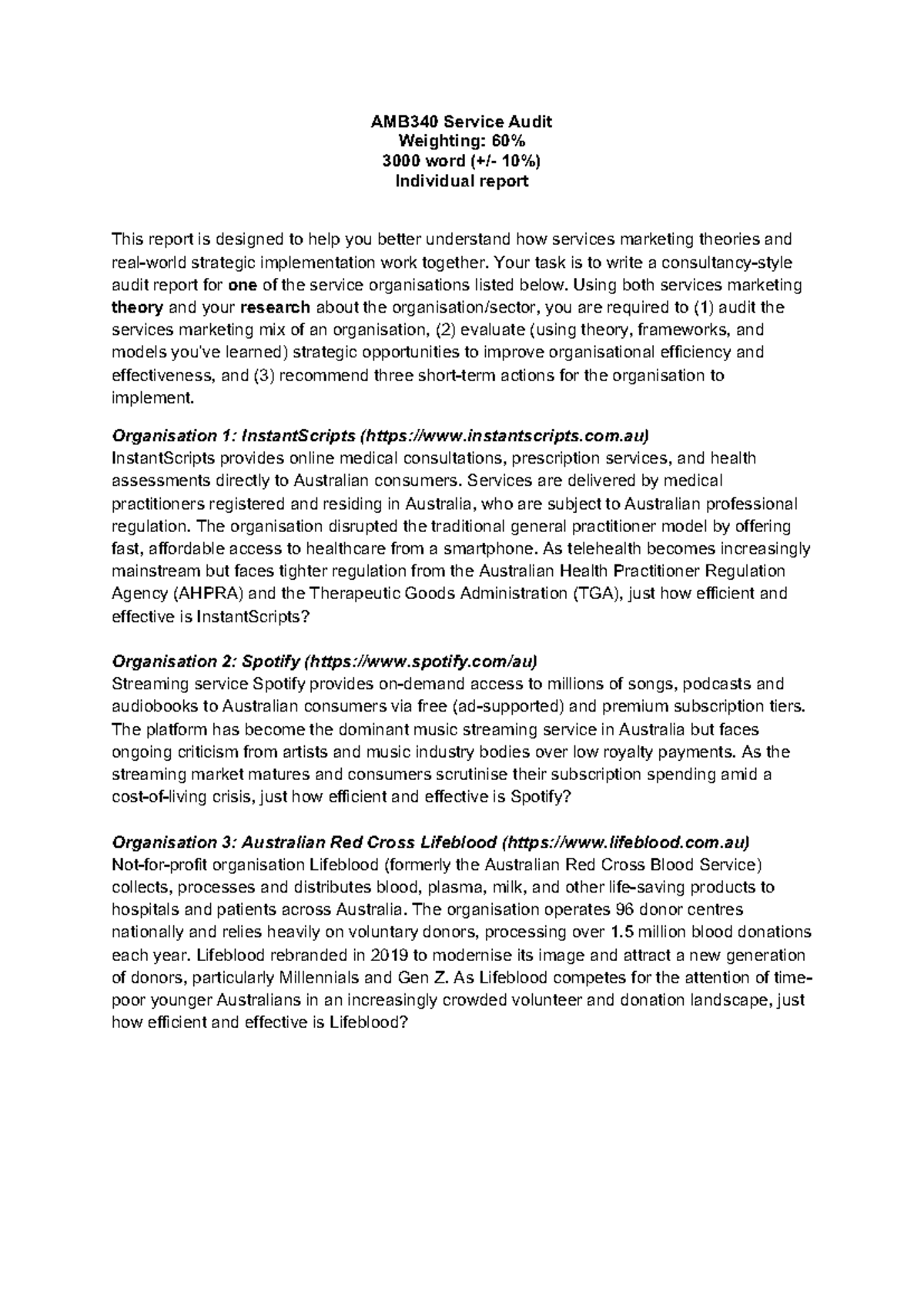AMB340 Individual Service Audit Report: Analyzing Marketing Strategies ...