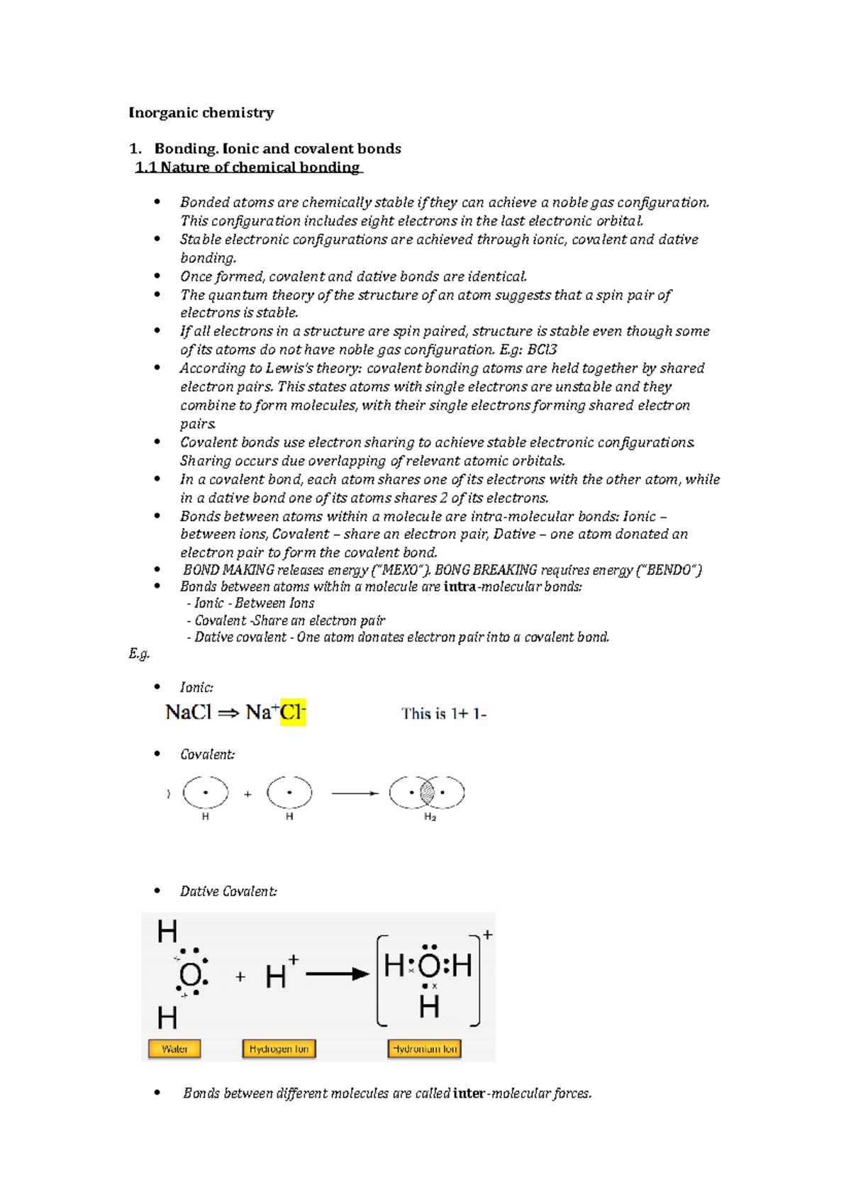 Inorganic chem - Inorganic chemistry 1. Bonding. Ionic and covalent ...