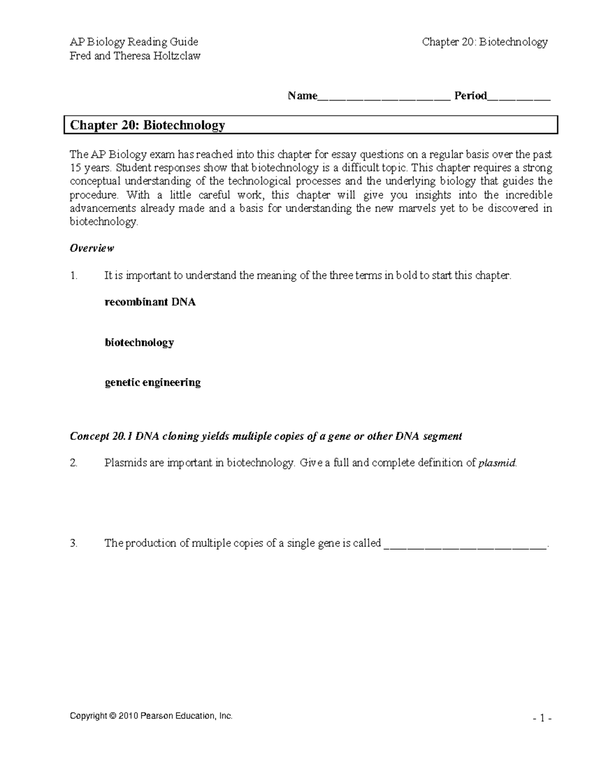 AP Biology Reading Guide: Chapter 20 - Biotechnology Insights - Studocu