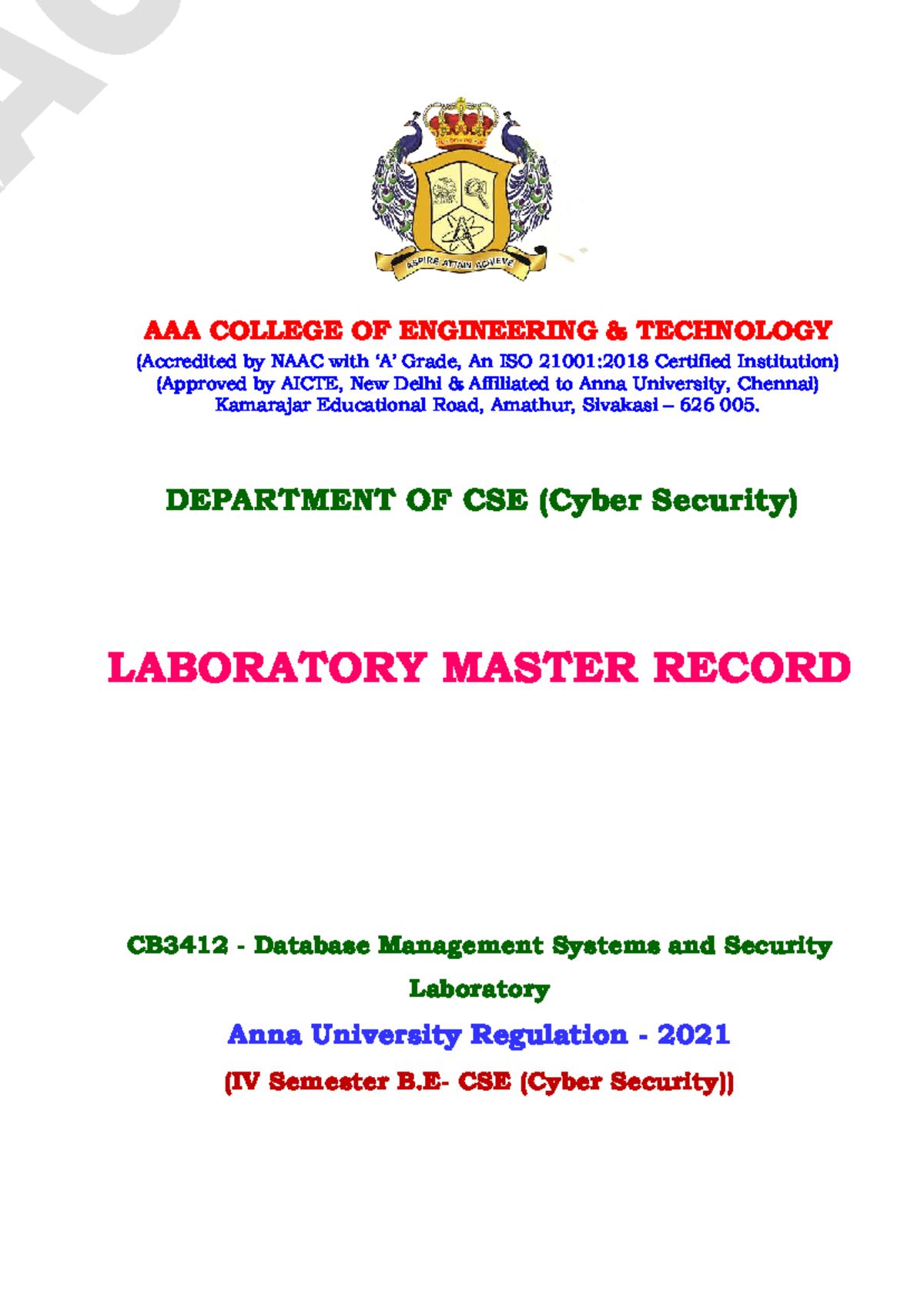 CB3412 Database Management Systems & Security Lab Master Record 2023 ...